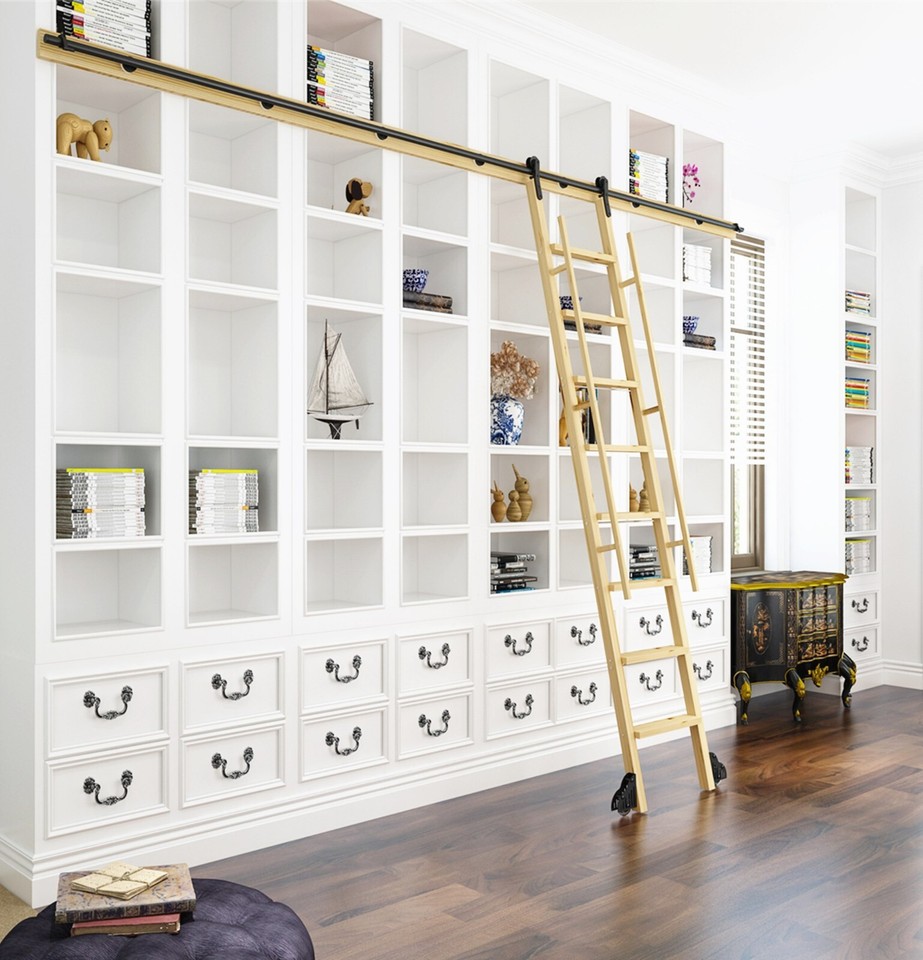 DIYHD Black Steel Rolling Library Ladder Hardware Home Office Library ...