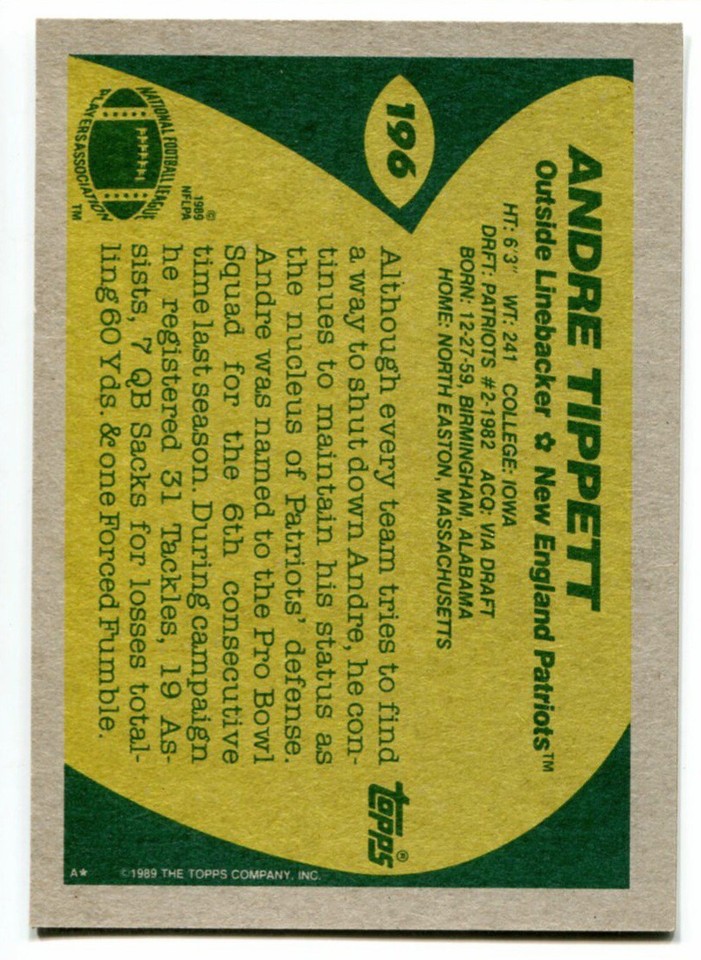 1989 Topps #196 Andre Tippett Football Card - New England Patriots ...