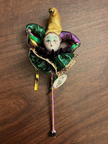 Mardi Gras Porcelain Head Jester Stick Decoration Carnival Gold Purple ...