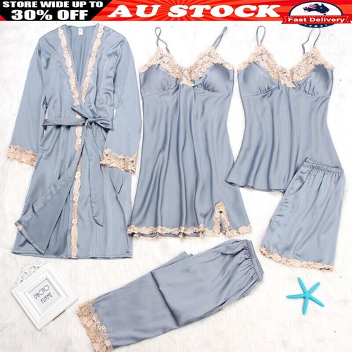 5 Pieces Silk Satin Sleepwear Women Pajamas Set Lace Sleep Nightwear ...