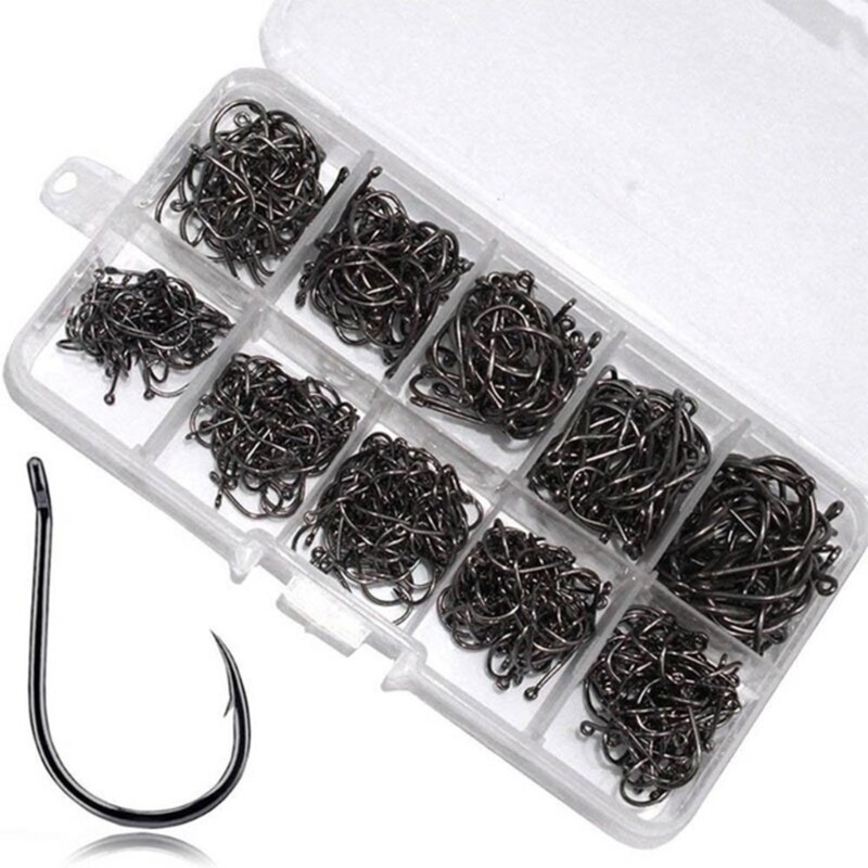 100/500Pcs Carbon Steel Eyed Fish Hook Saltwater Freshwater Barbed ...