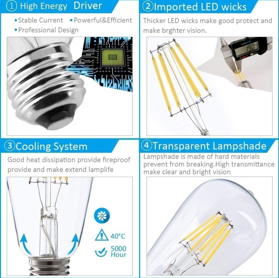 6 Pack Vintage Dimmable LED Light Bulbs, E26 Edison Bulbs 60 watt ...