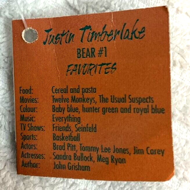Justin Timberlake 10" Limited Edition Teddy Bear With Numbered Tag and ...
