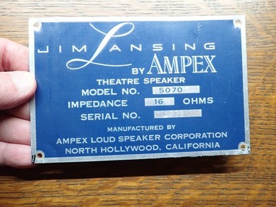 Original JBL Jim Lansing Ampex Model 5070 Theatre Speaker Nameplate ...