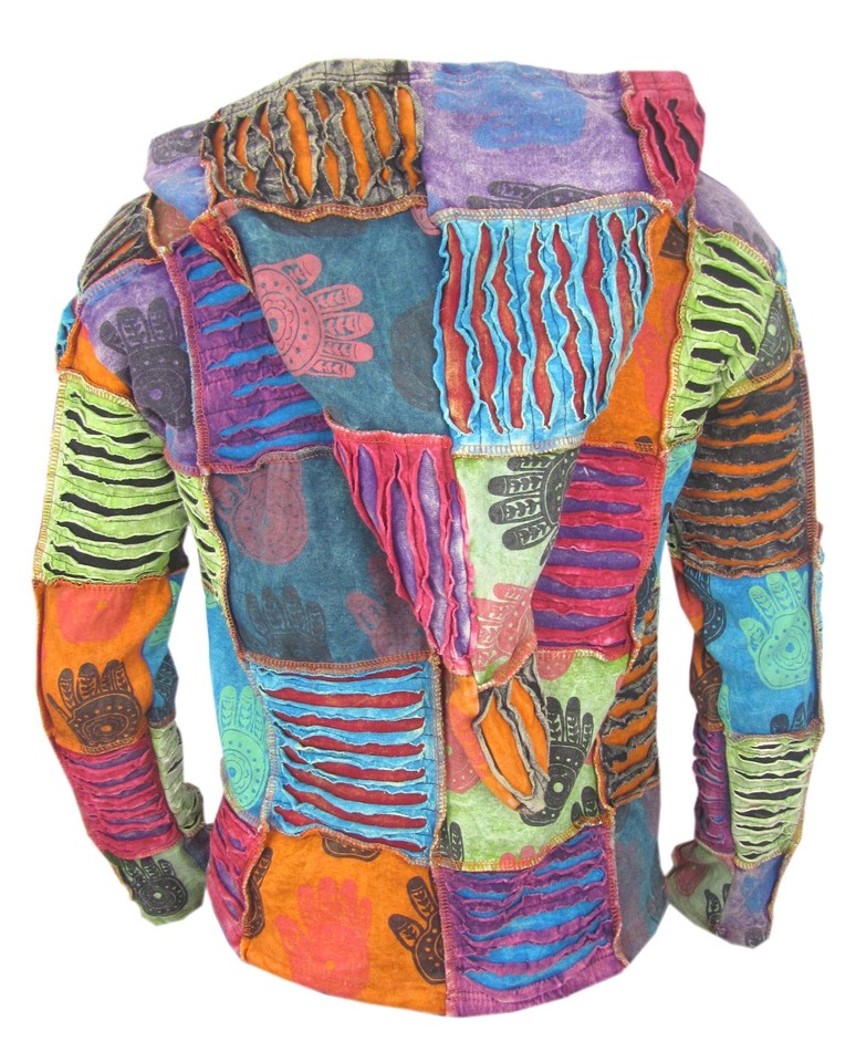 Hippie Boho Men Rib Patch Cotton Pixie Hood Print Slashed Razorcut ...