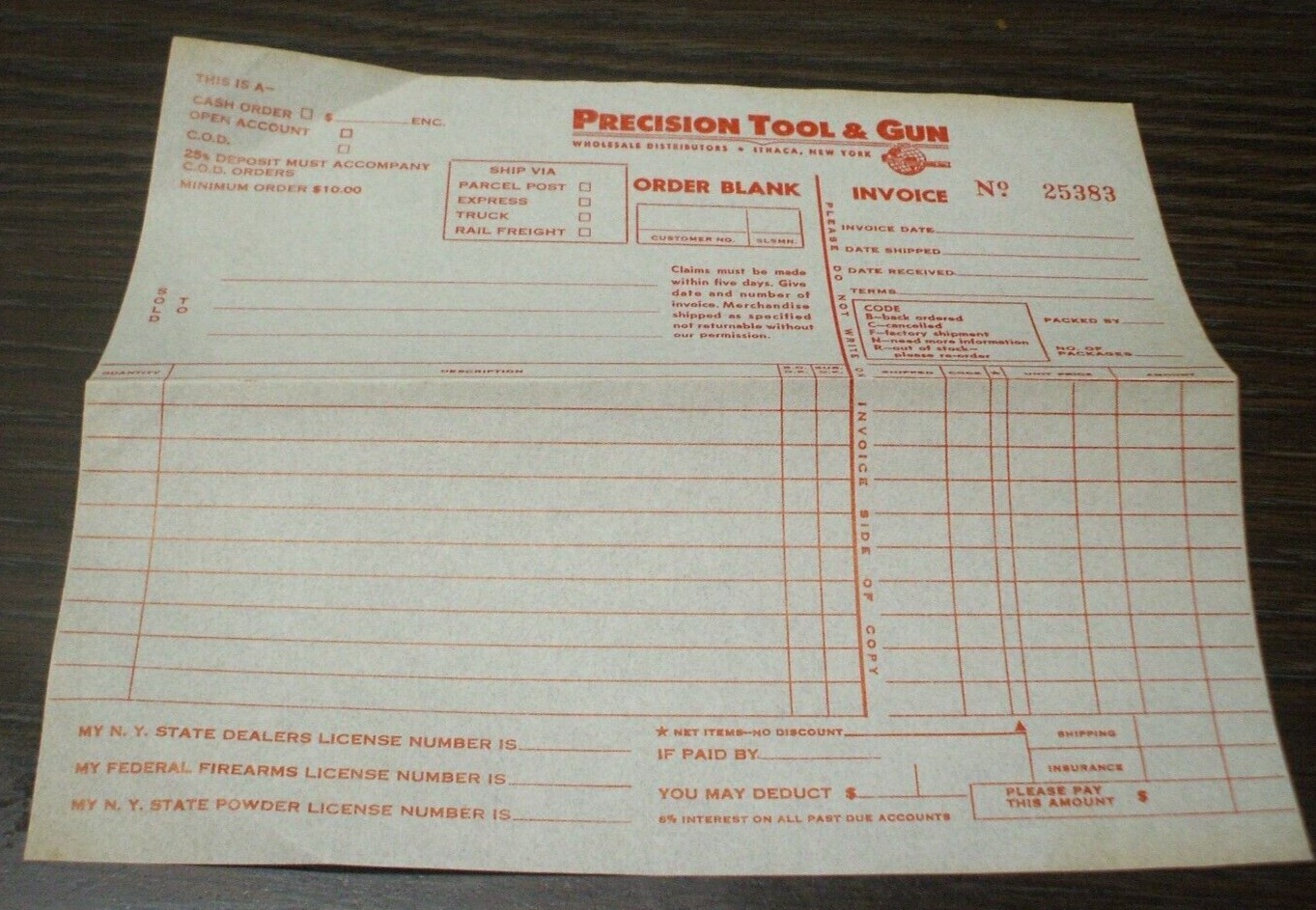 UNDATED UNUSED - PRECISION TOOL & GUN Order Blank / Invoice - ITHACA ...