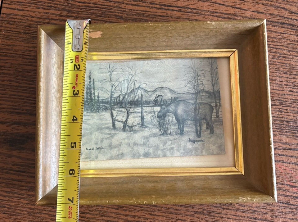 Signed GEORGE AHGUPUK Alaska Moose Pen + Ink Drawing on Skin Framed ...
