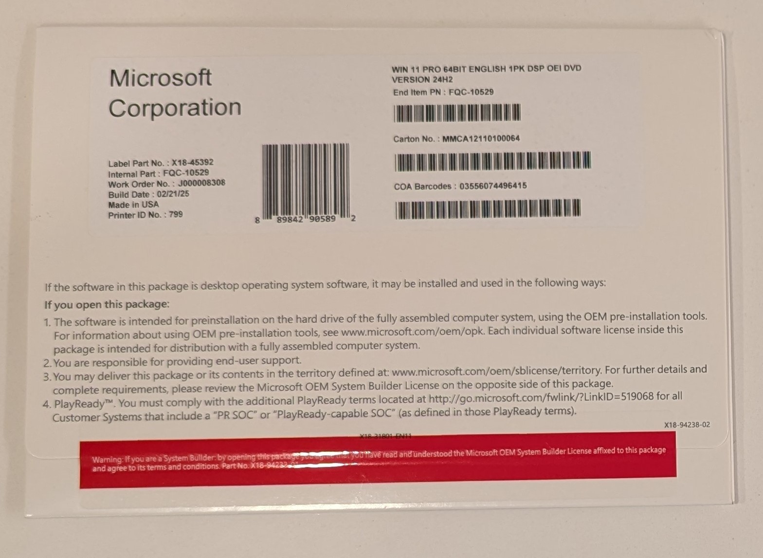 Windows Win 11 pro 64 bit DVD with Genuine License Product Key Brand ...