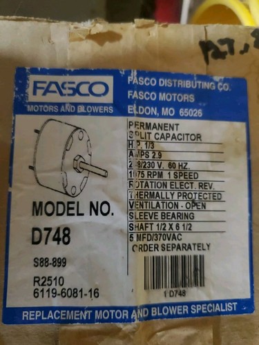 NEW Fasco D748 1/3 HP Condenser Fan Motor 1075 RPM 208/230 Volts speed ...