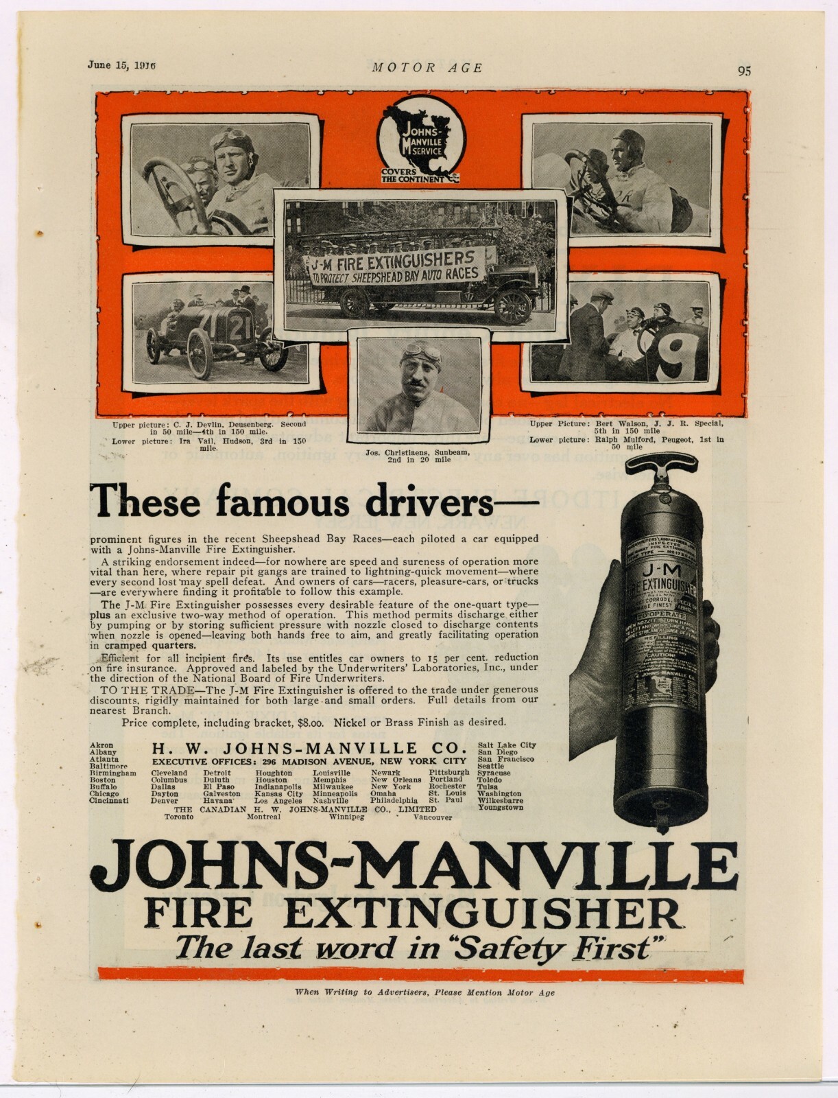 1916 Johns Manville Fire Extinguisher Ad: Sheepshead Bay Auto Racers ...