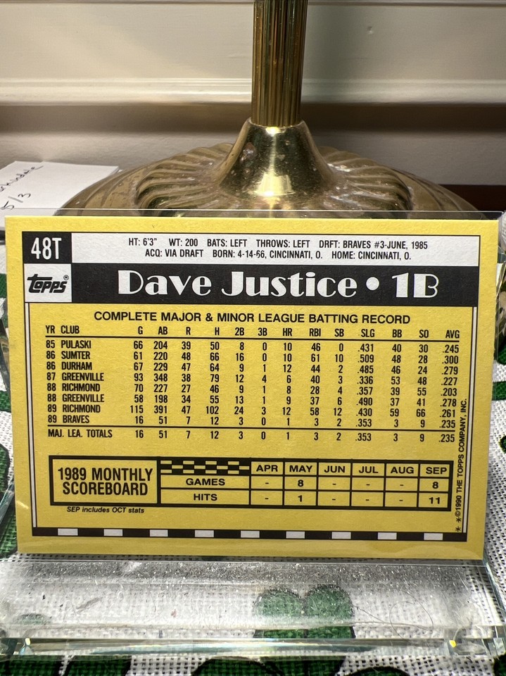 1990 Topps Traded Baseball Card #48T Dave Justice Rookie (F8) | eBay
