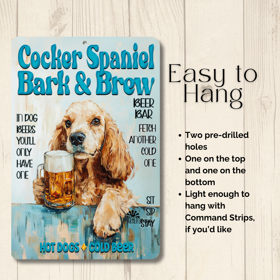 Cocker Spaniel Beer Bar Sign Bark & Brew dog funny metal tin man cave ...