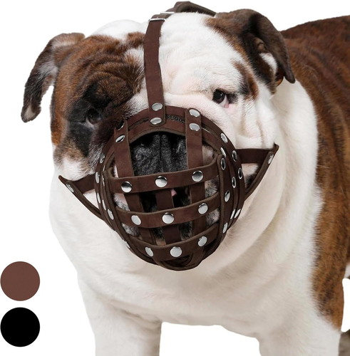 Leather Basket Dog Muzzle for Boxer, English American Bulldog Secure ...