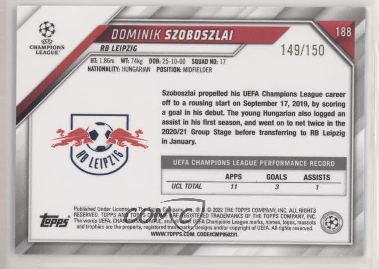2021-22 Topps Chrome UCL Blue Refractor /150 Dominik Szoboszlai #188 | eBay