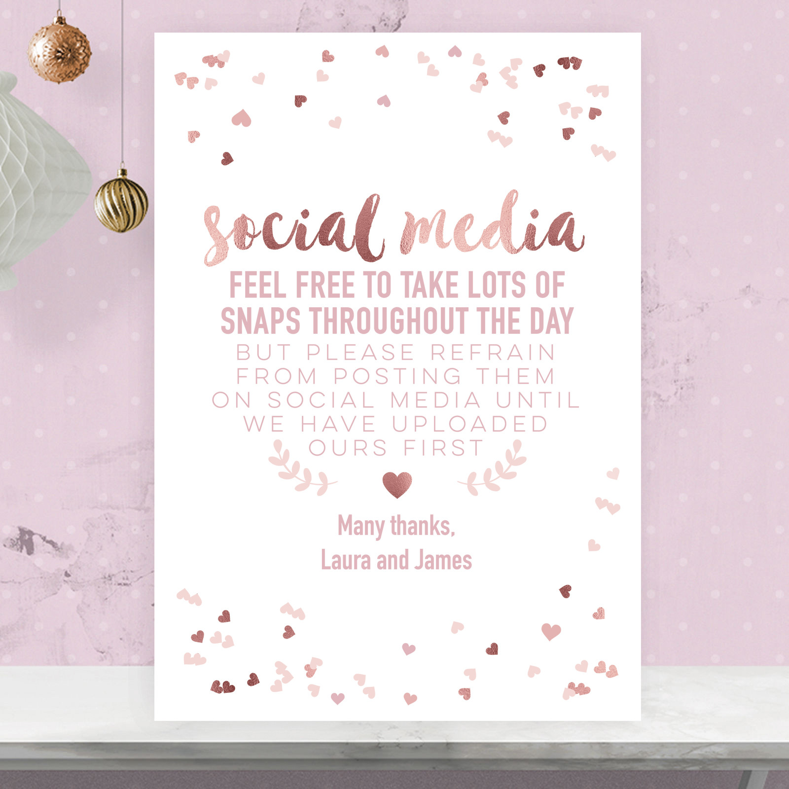 Personalised No Social Media Wedding Sign Rose Gold Effect and Blush ...