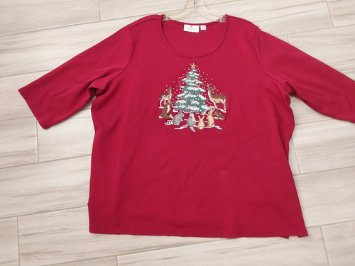 Quacker Factory Wine Red Embellished Christmas 3/4 Sleeve Knit Top Plus ...