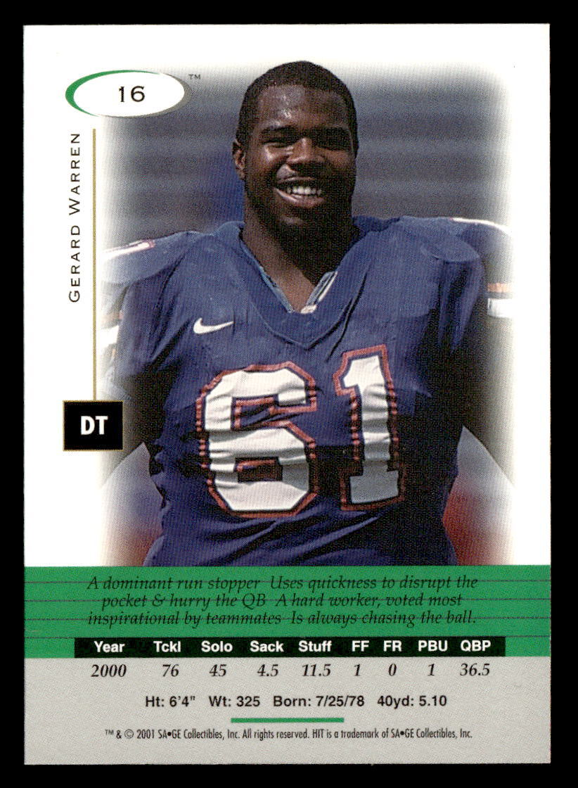 2001 SAGE Hit - #16 Gerard Warren (RC) for sale online | eBay