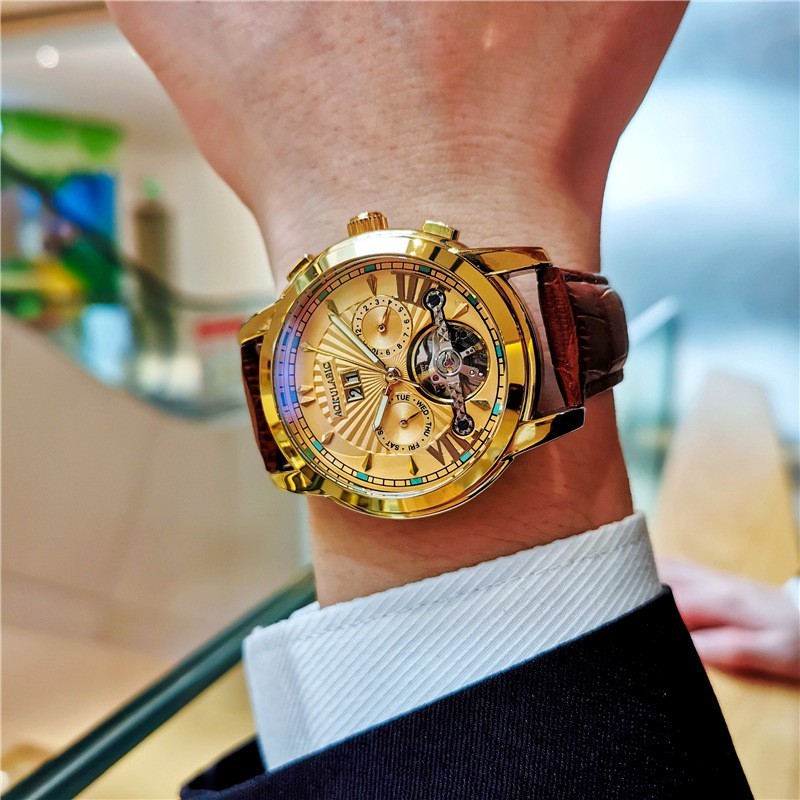 Men Automatic Mechanical Watch Flywheel Skeleton Luminous Date Luxury ...