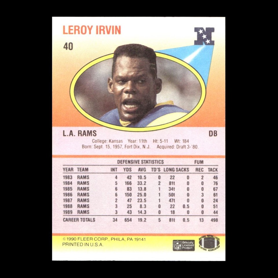 LeRoy Irvin 1990 Fleer Los Angeles Rams #40 R325A 39 | eBay