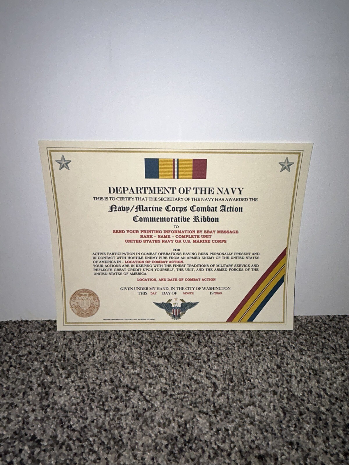 NAVY/USMC COMBAT ACTION COMMEMORATIVE RIBBON CERTIFICATE ~ W/PRINTING T ...