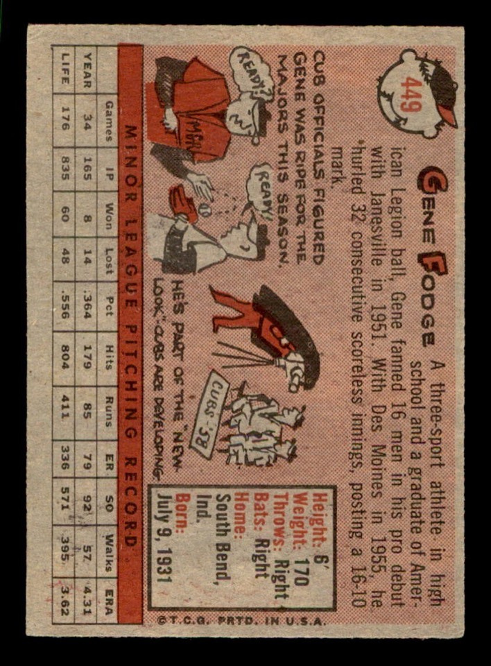 1958 Topps Baseball #449 Gene Fodge EX *e2 | eBay