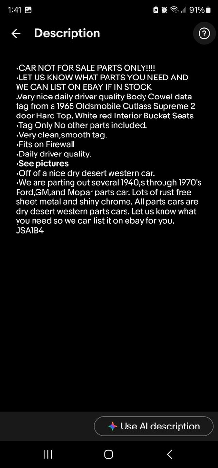 1965 Cutlass Supreme 2 Door Hard Top Cowl Data Tag Body Firewall White ...