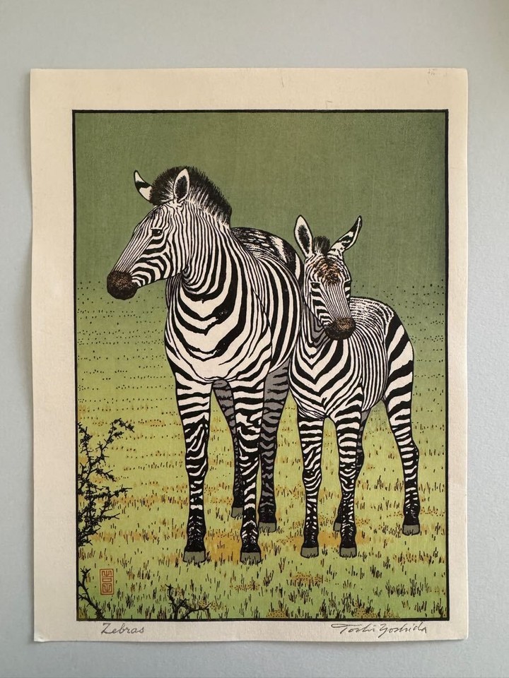 C [Authenticity guaranteed] Toshi Yoshida Zebras handrail woodblock ...