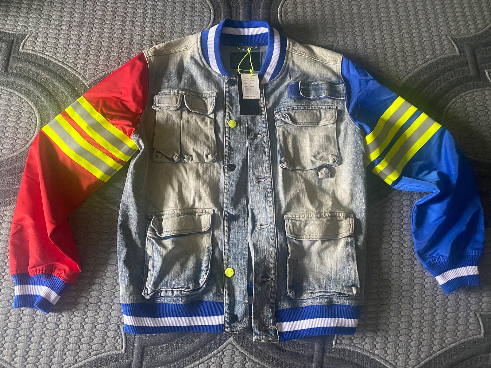mens large denim patchwork jacket. Colors are red, blue, neon yellow ...