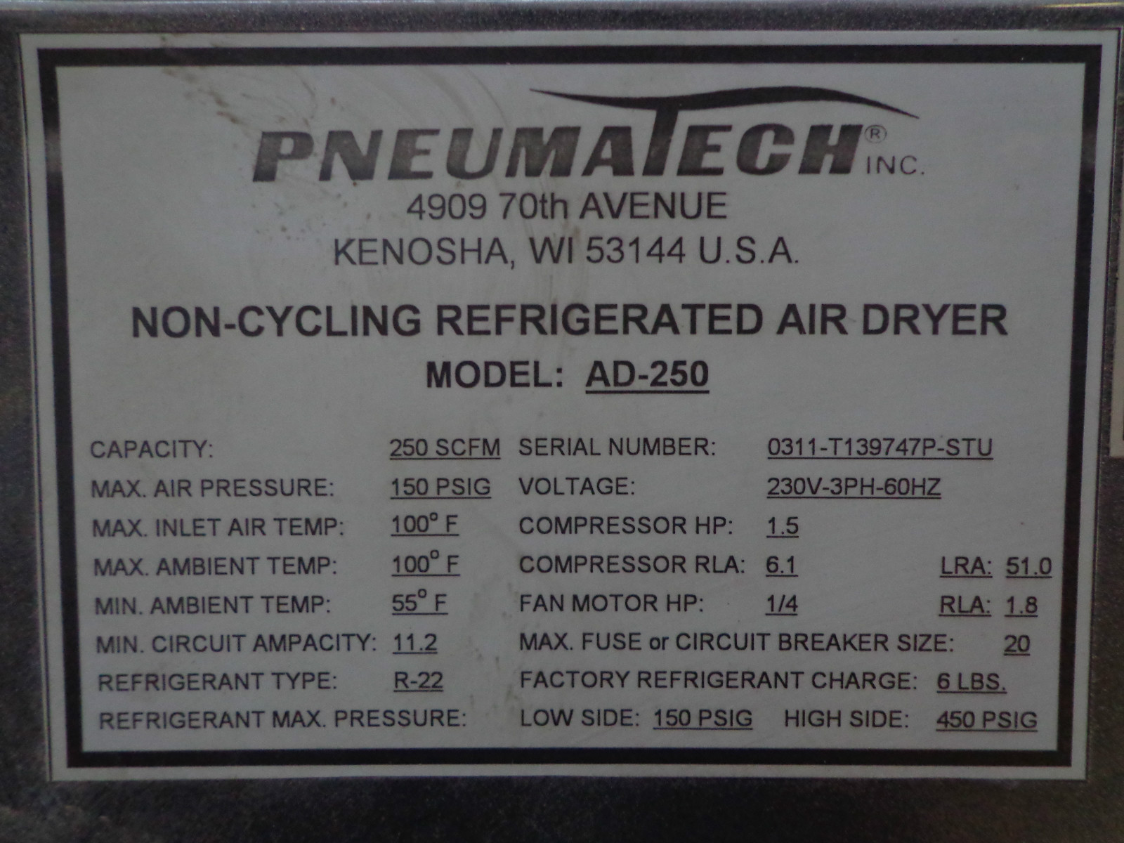 PneumaTech Air Dryer AD-250 230V 3PH 60HZ | eBay