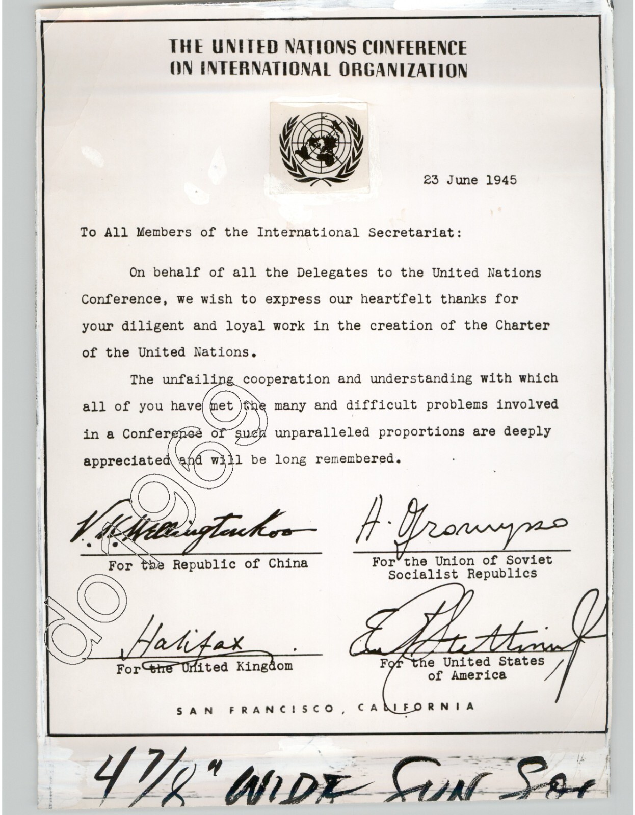 Signed UN Conference Treaty for WWII JUNE 23 1945 Press Photo UNITED ...