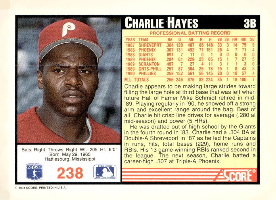 1991 Score #238 Charlie Hayes | eBay