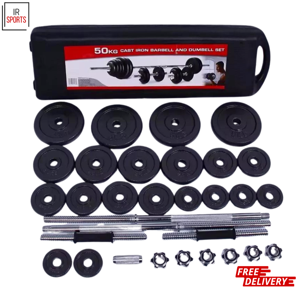 Adjustable Cast Iron Dumbbells Barbell Set 50kg Weight Home Gym Fitness ...