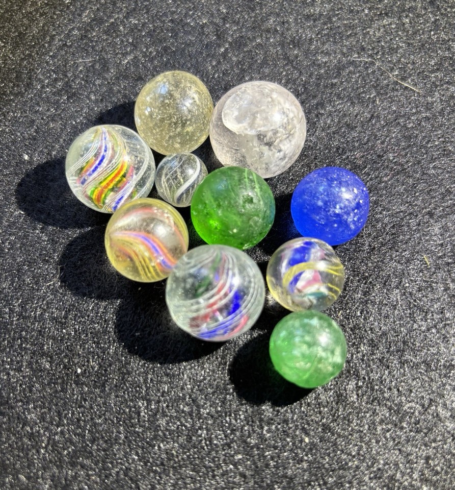 German Handmade Marbles. Group Of 10. Ribbon Cores, Micas. Good ...