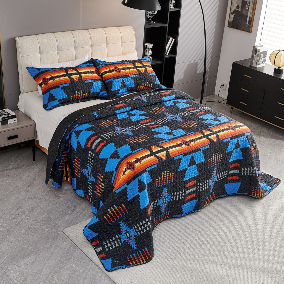 3 Pcs Boho Colorful Polyester Quilt Set, Geometry Printed Bedspread ...