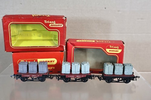 TRIANG HORNBY R340 RAKE of 3 BR CONFLAT WAGON B734259 & 3 CONTAINER ...