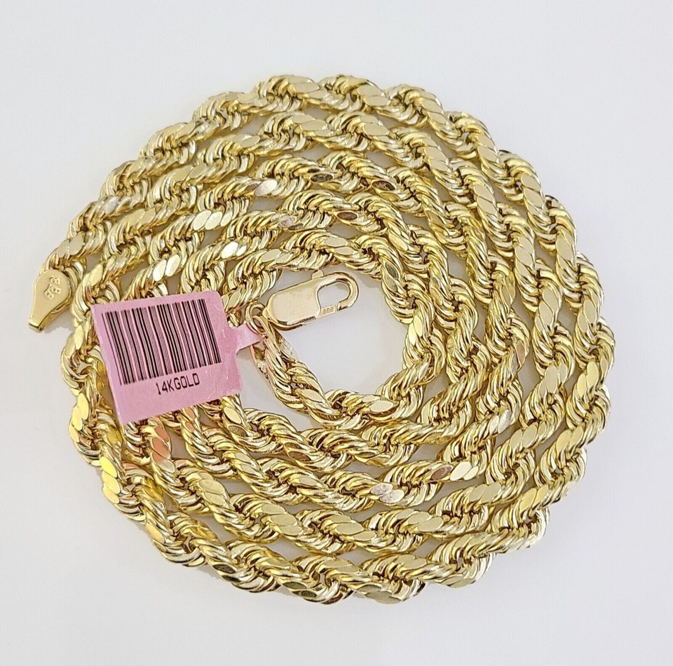 14K Yellow Gold 4mm Rope Chain 18 inch Diamond cut necklace Real, Free ...