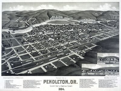 Decorative Poster.Pendleton Oregon 1884 bird eye view.Aerial city map ...