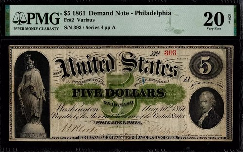 $5 1861 DEMAND NOTE FR. 2 Philadelphia AMERICA'S FIRST PAPER MONEY PMG ...