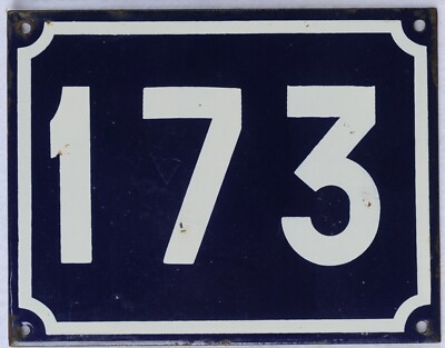Large old blue French house number 173 door gate plate plaque enamel ...