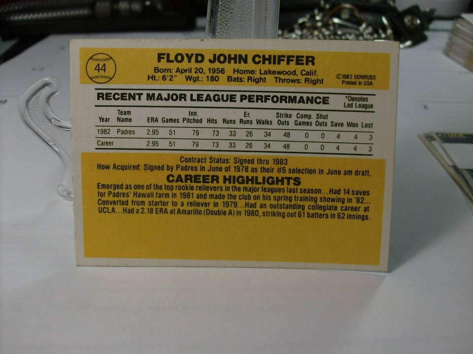 1983 Donruss Baseball #44 - Floyd Chiffer RC - San Diego Padres 83-146 ...