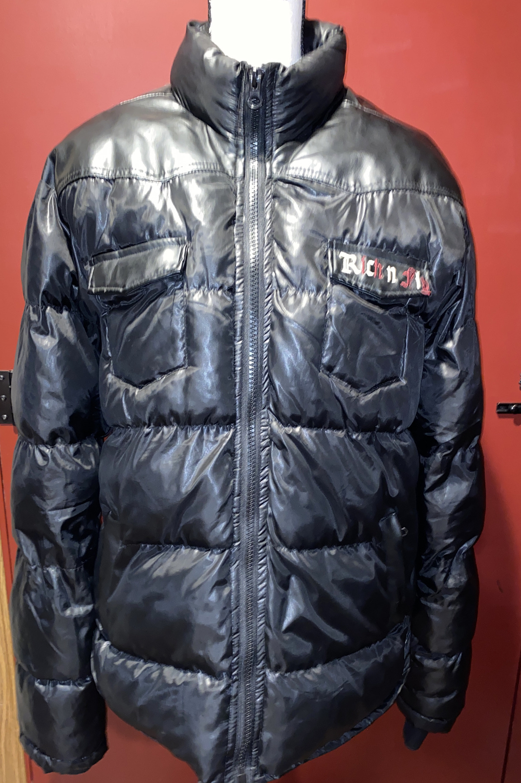 RICH n FLY Black Puffer Coat Y2K USA Flag Logo Men S … - Gem