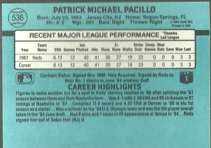 PAT PACILLO CINCINNATI REDS #536 - DONRUSS NM-MT 1988 | eBay