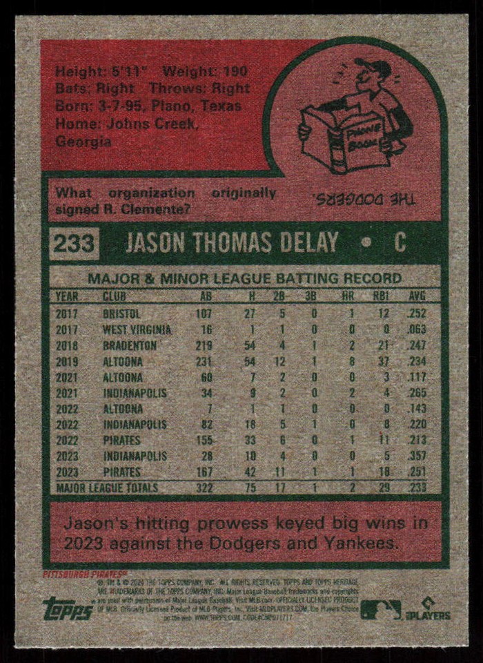 2024 Topps Heritage Jason Delay #233 BASEBALL Pittsburgh Pirates | eBay