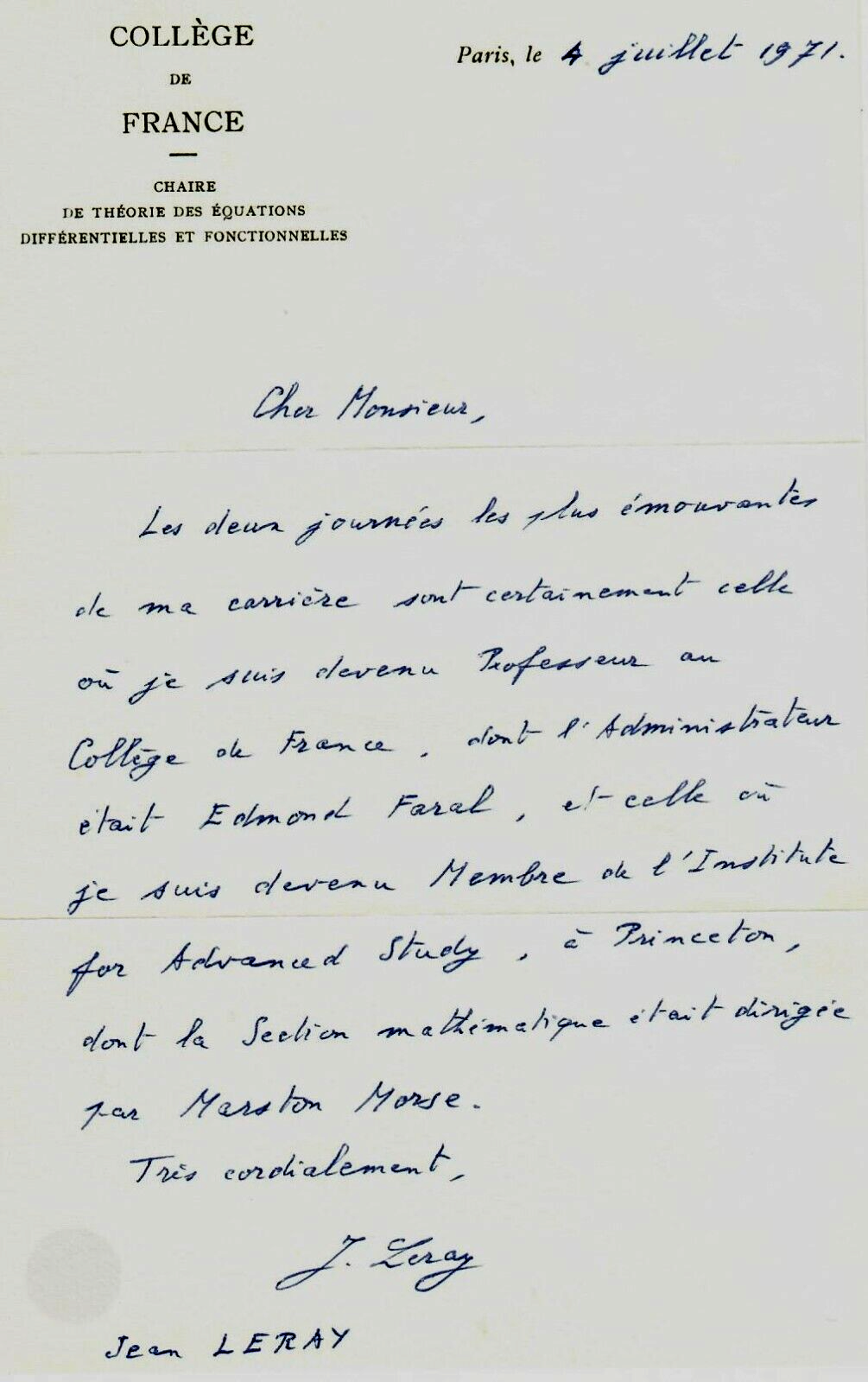 RARE! “Algebraic Topology Pioneer" Dr Jean Leray Hand Written Letter ...