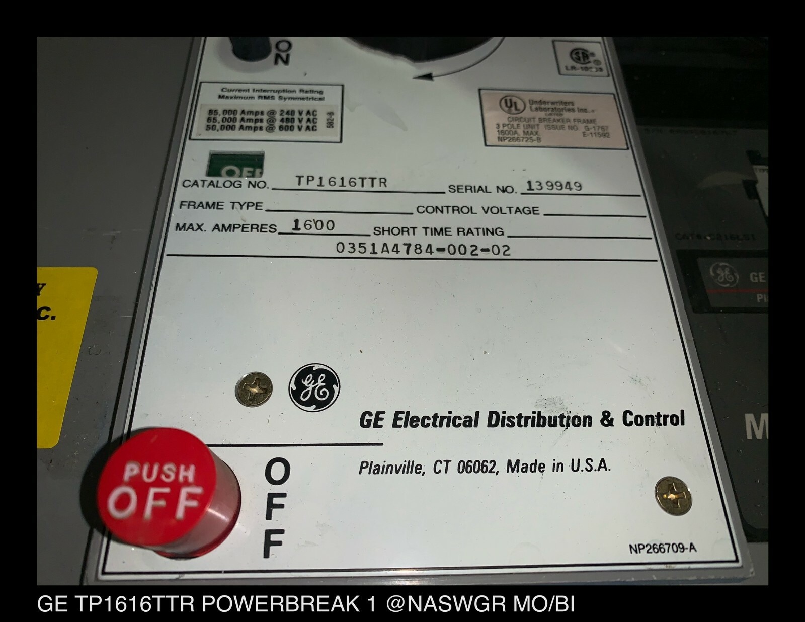 GE 1600 Amp Power Break Circuit Breaker TP1616TTR With C216li Trip Unit ...