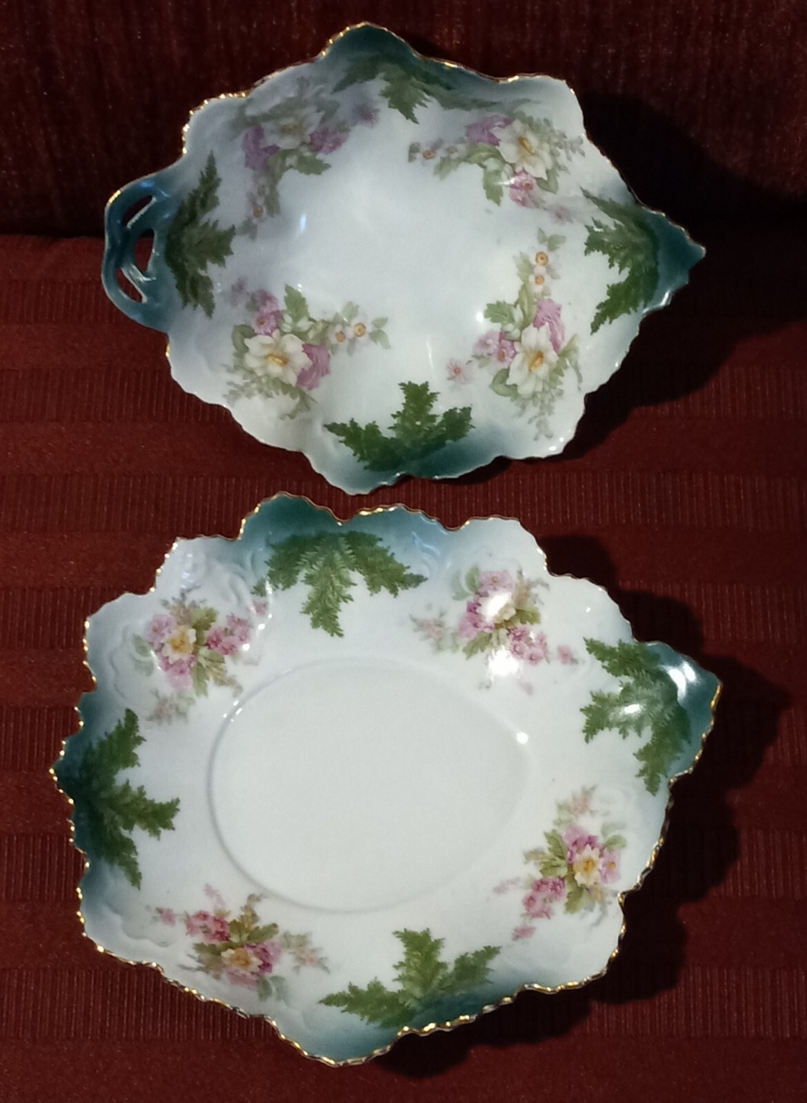 MZ Austria Moritz Zdekauer 2 Pc Leaf-Shaped Bowl & Underplate Ferns ...