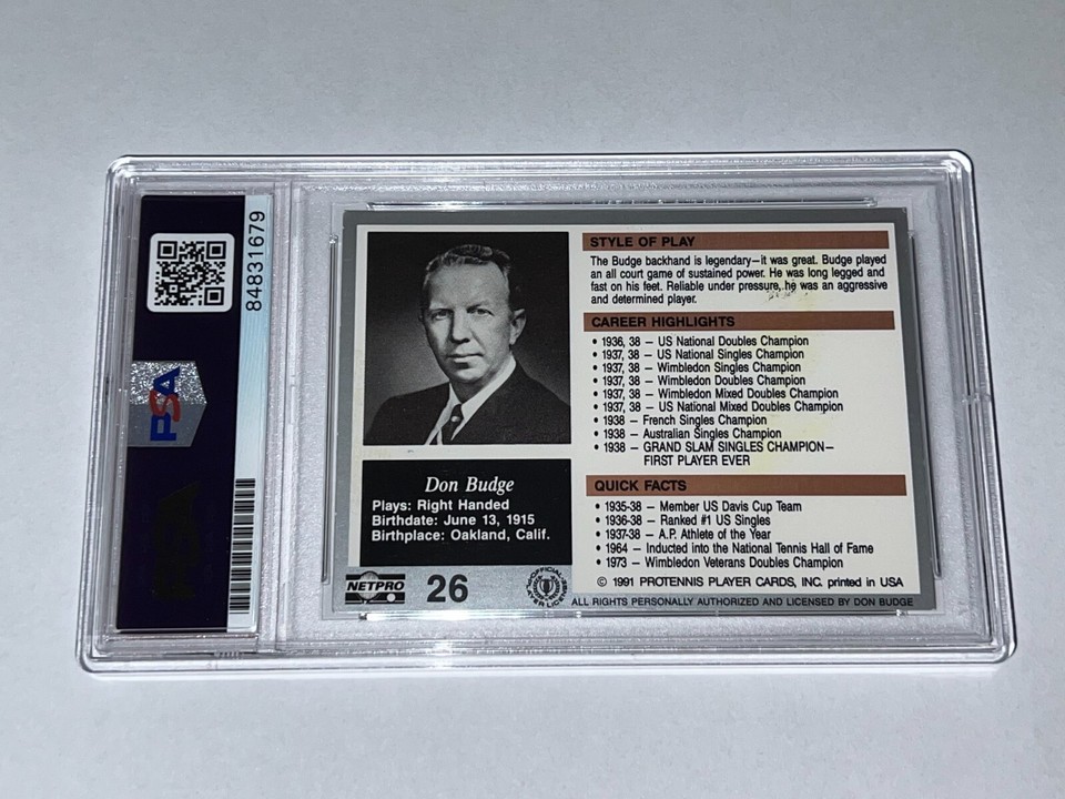 PSA/DNA TENNIS LEGEND DON BUDGE SIGNED CARD #26 1991 NETPRO AUTOGRAPH ...