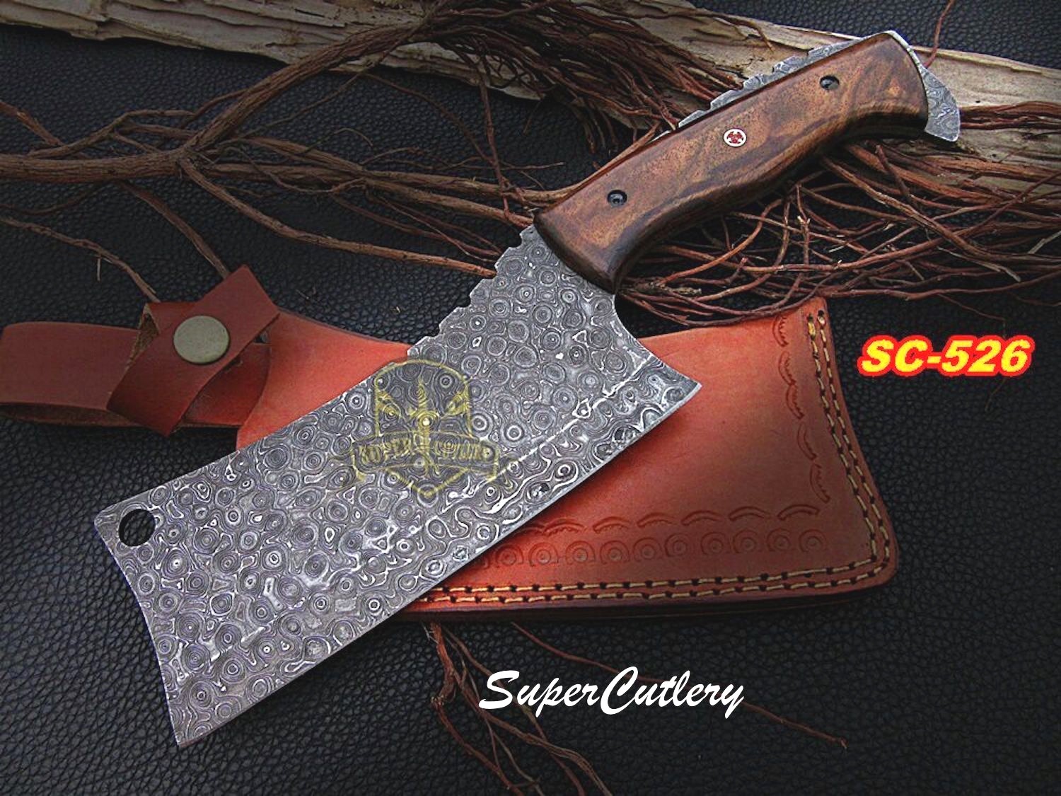 Handmade Damascus steel Cleaver Meat Chopper Walnut Handle Fixed blade ...