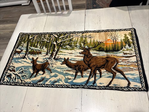 vtg 1965 Winter Deer Scene Tapestry Vintage R.T.C. 40”x20” Wall Hanging ...
