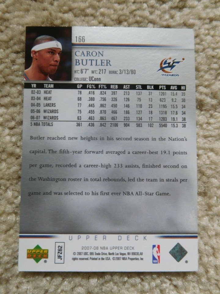 Caron Butler Auto Autographed Signed 07-08 Upper Deck Card Wizards ...